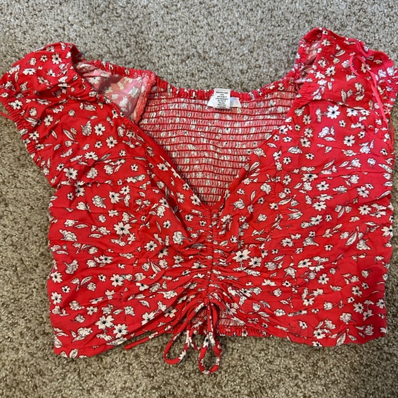 Tops | Red Crop Top Low Cut With Flowers | Poshmark